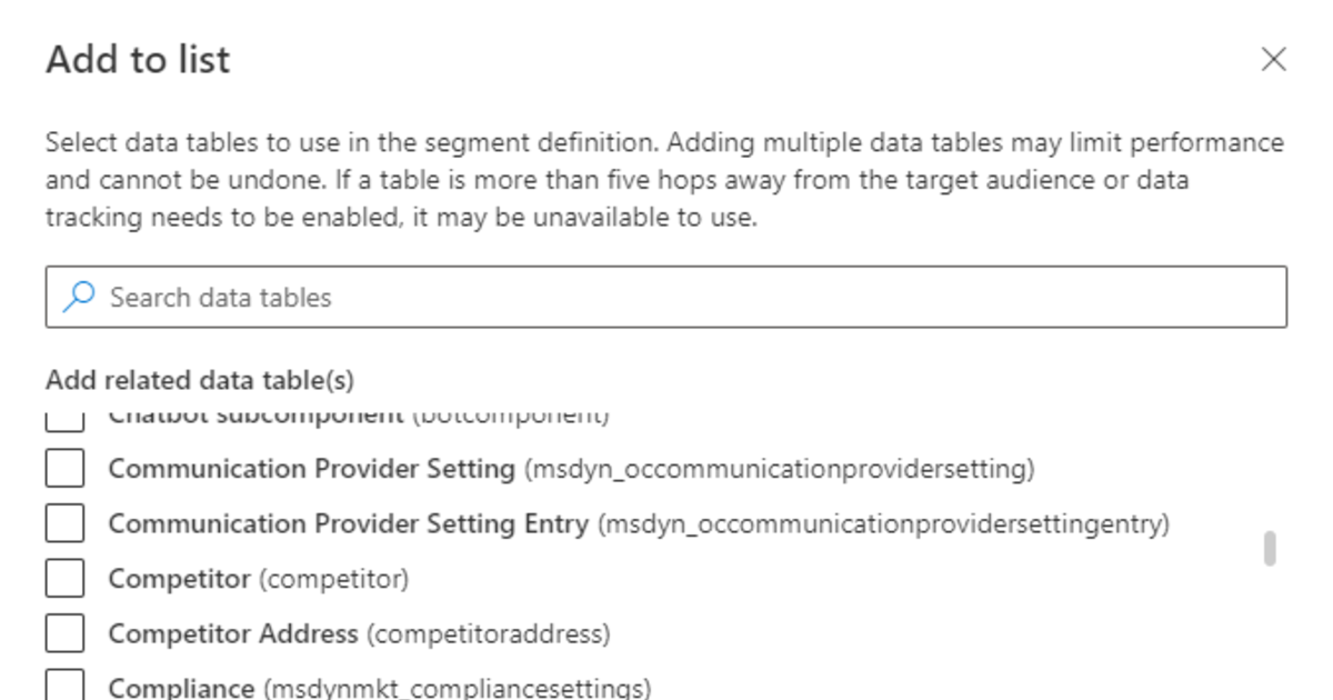Cannot find a table when trying to add new tables to segment? Cannot find a table when trying to add new tables to segment?